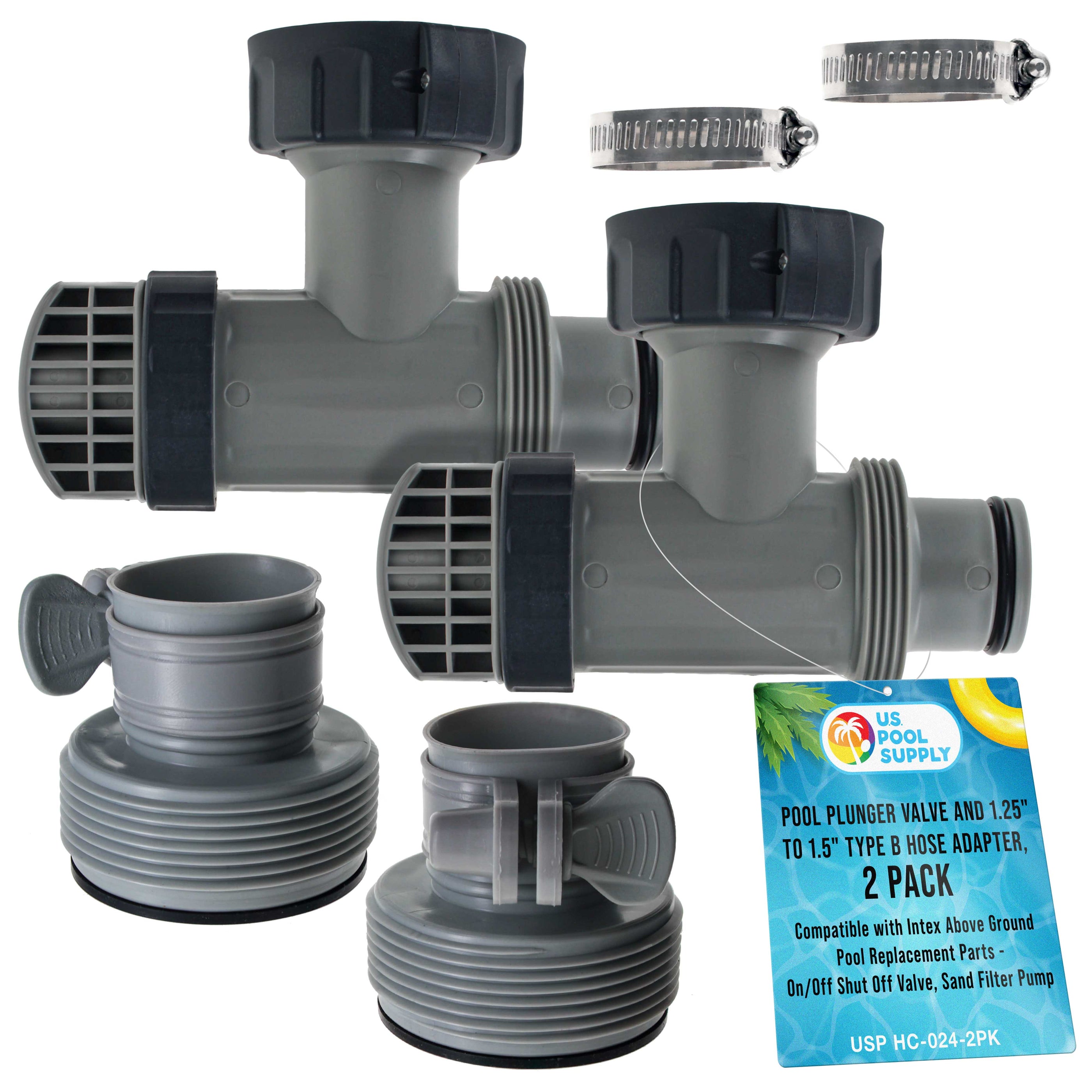 Pool Plunger Valve and 1.25" to 1.5" Type B Hose Adapter, Pack of 2 ...